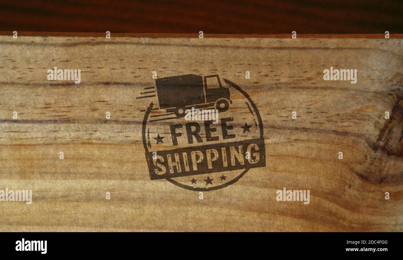 Free shipping stamp printed on wooden box. Gratis delivery, service and ...