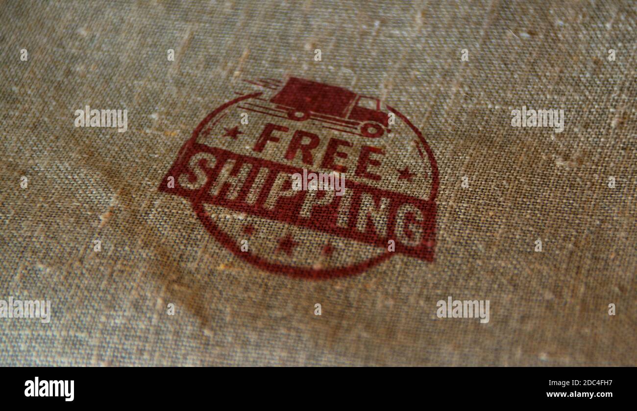 Free shipping stamp printed on linen sack. Gratis delivery, service and ...
