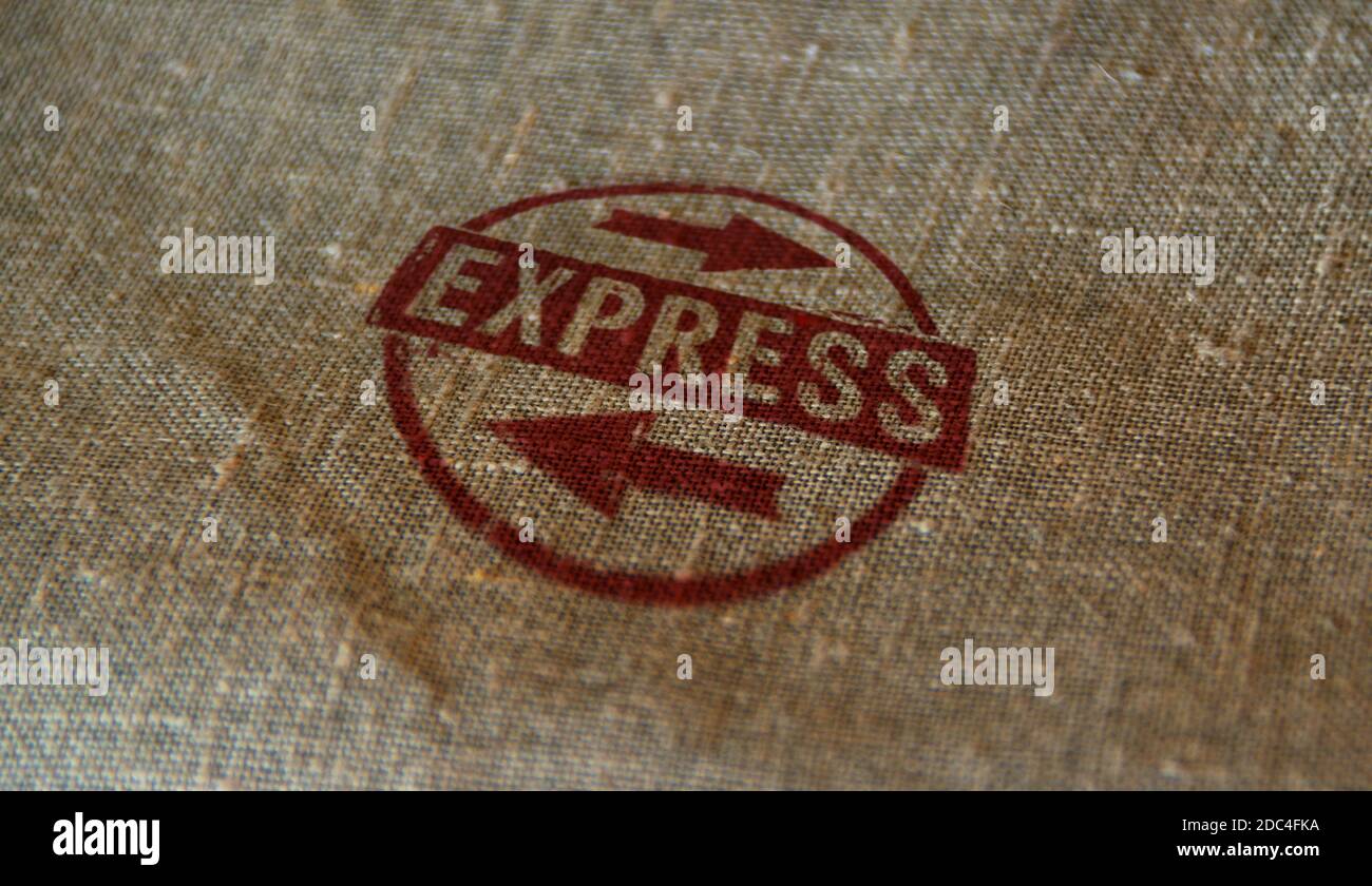 Express stamp printed on linen sack. Quick delivery, fast shipping ...