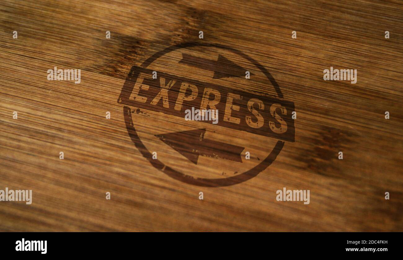 Express stamp printed on wooden box. Quick delivery, fast shipping ...
