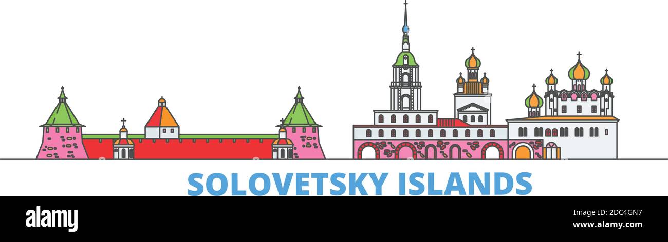 Russia, Solovetsky Islands line cityscape, flat vector. Travel city ...