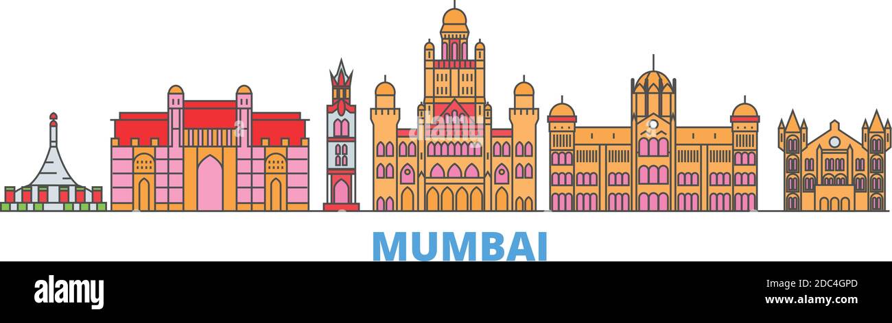 India, Mumbai 2 line cityscape, flat vector. Travel city landmark ...