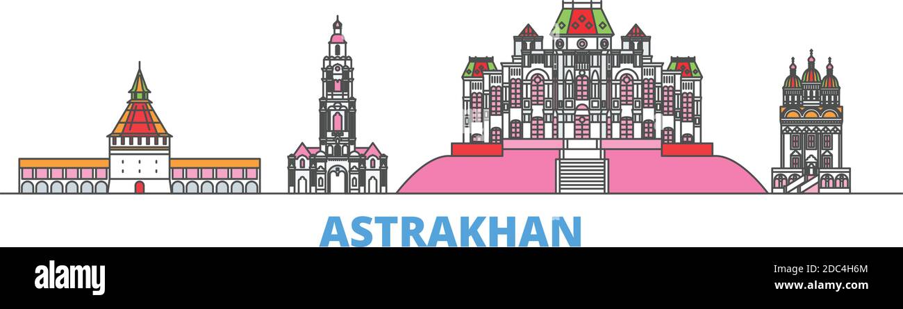 Russia, Astrakhan line cityscape, flat vector. Travel city landmark ...