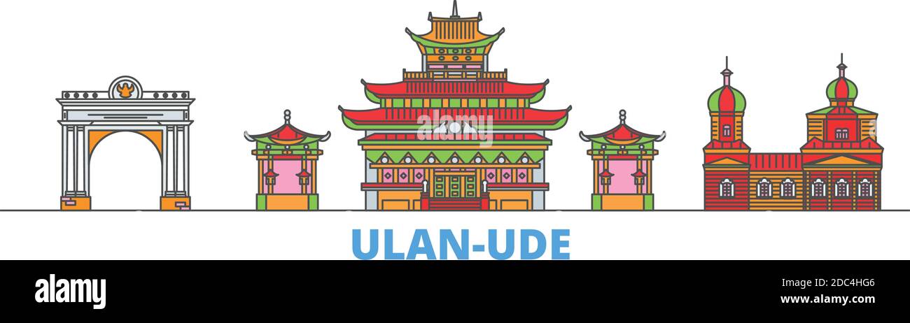 Russia, Ulan Ude line cityscape, flat vector. Travel city landmark ...