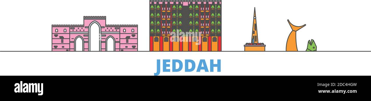 Saudi Arabia, Jeddah line cityscape, flat vector. Travel city landmark ...