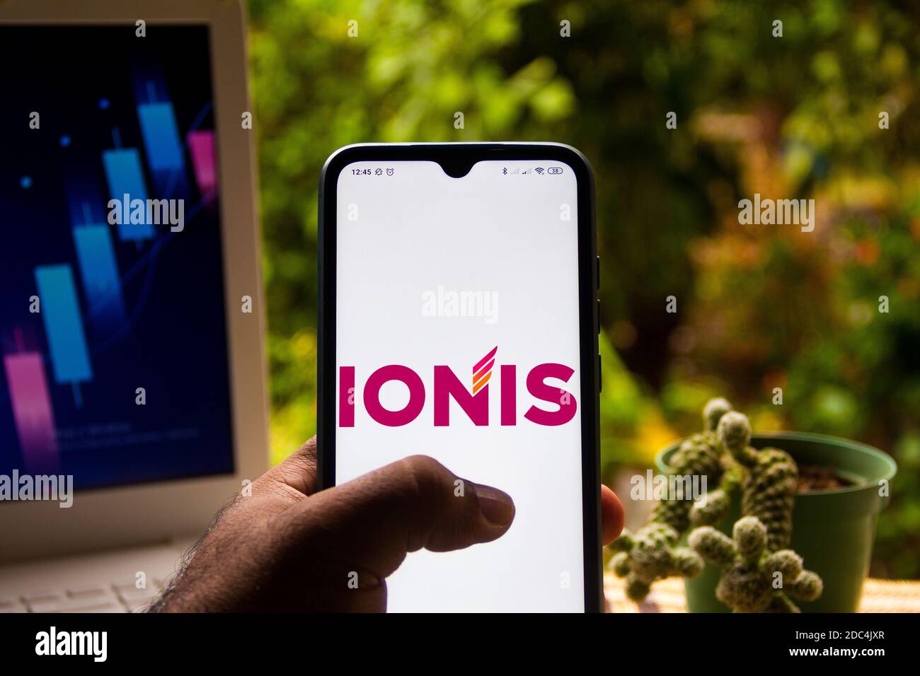 In this photo illustration the Ionis Pharmaceuticals logo seen ...