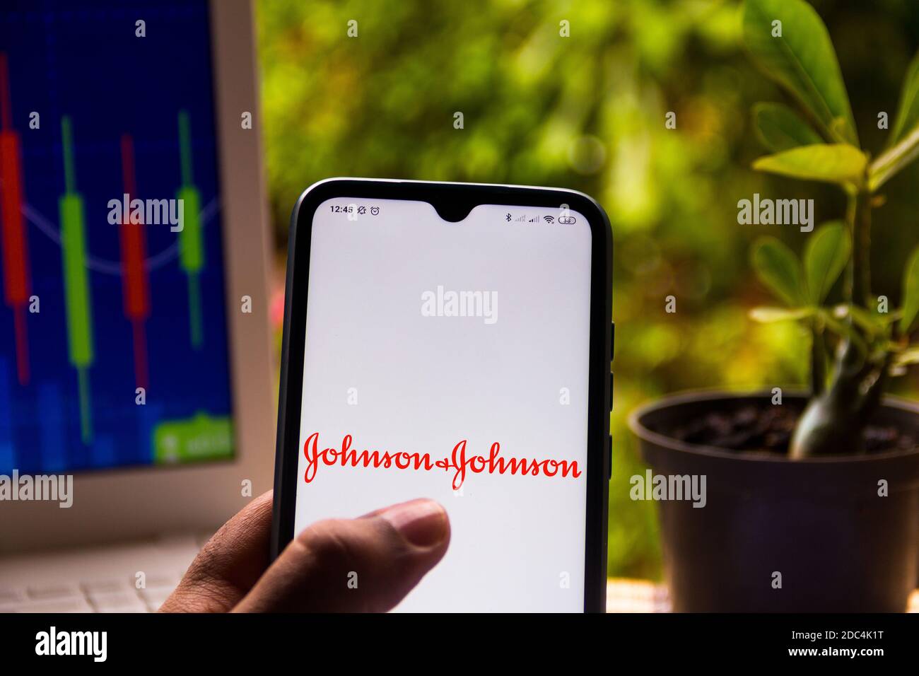 In this photo illustration the Johnson and Johnson logo seen displayed ...