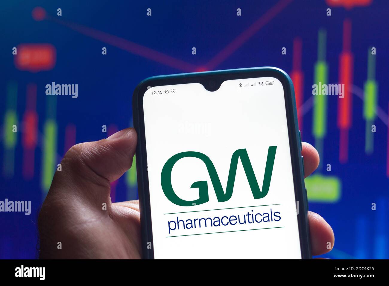 In this photo illustration the GW Pharmaceuticals logo seen displayed ...