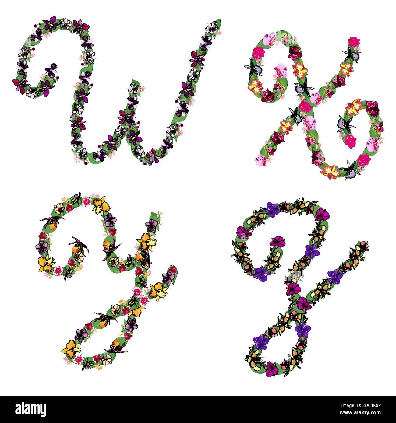 Set of floral elements alphabet letters W, X, Y, Z made with leaves and ...