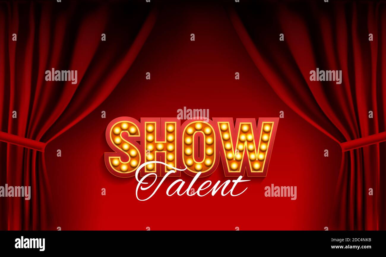 Realistic Show announcement board with bulb frame on curtains ...