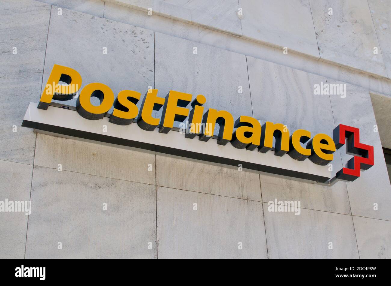 Lugano, Switzerland - 11th November 2020 : PostFinance sign hanging in ...