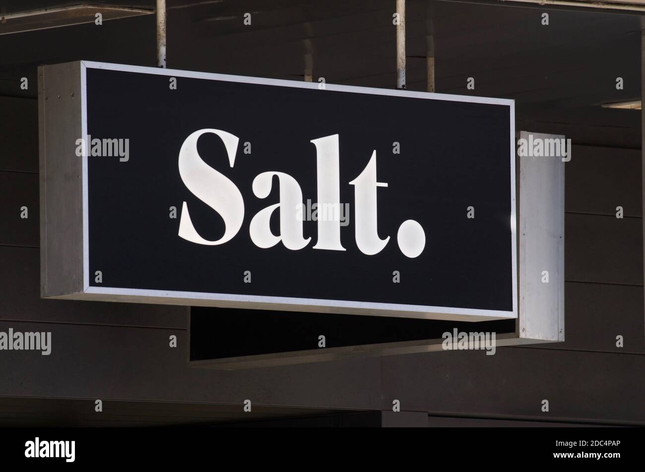 Lugano, Switzerland - 11th November 2020 : Salt Mobile sign hanging in ...
