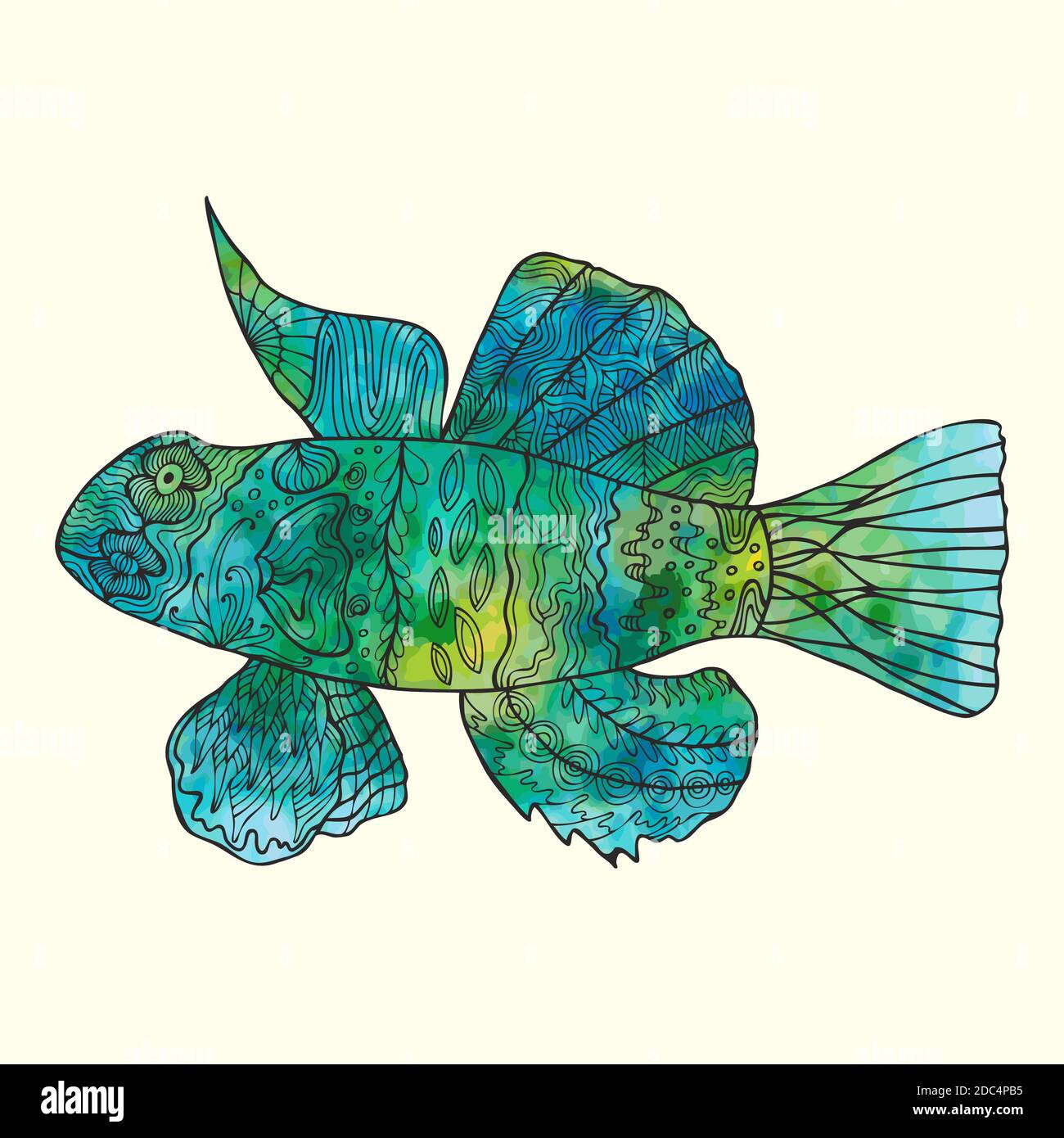 Hand drawn stylized fish with doodle, zentangle, floral, vintage ...