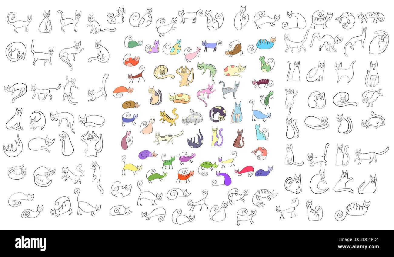 Large set of odd funny primitive style cats. Freehand drawing, line art ...