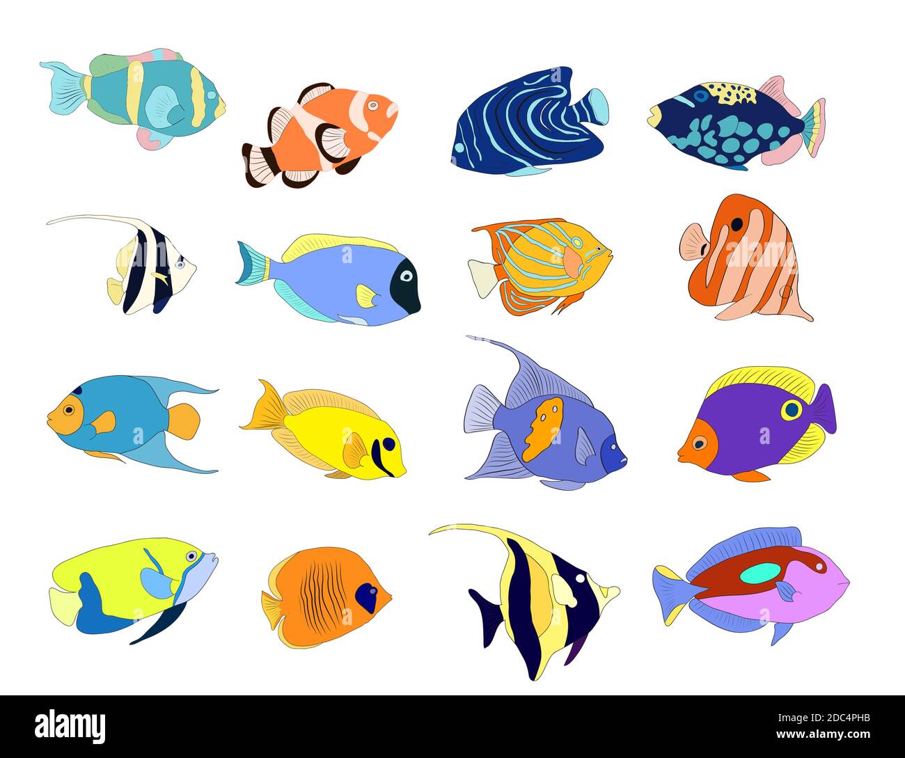 Hand drawn fish set with colorful background.Isolated on white. Sketch ...