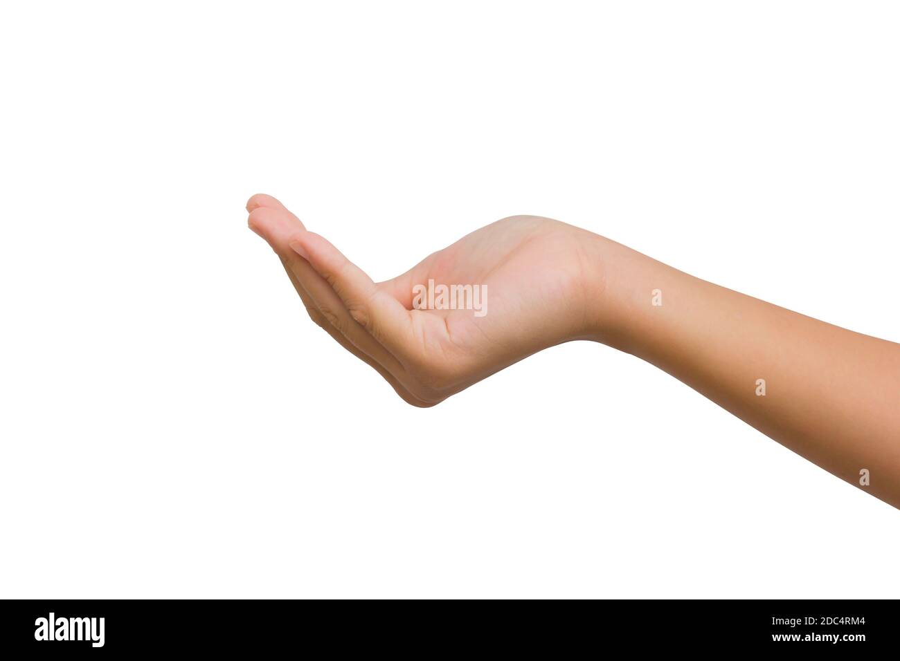 12 year old asian young girl open right hand palm up isolated on white ...