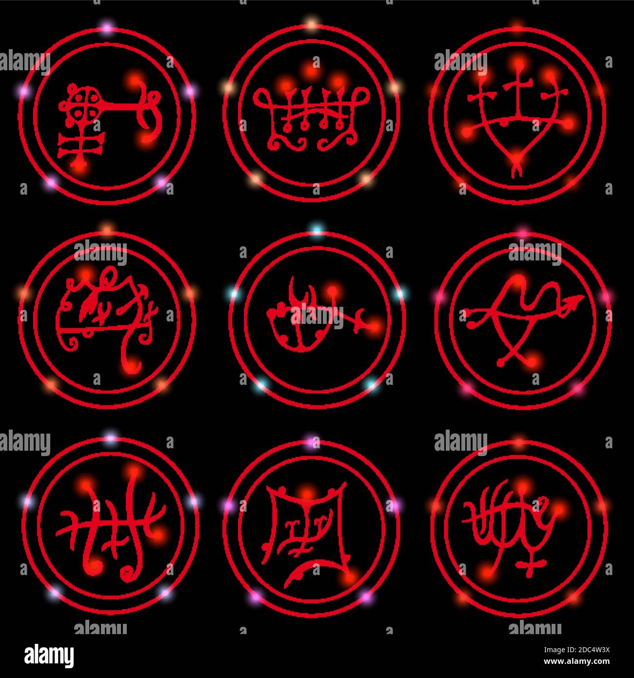 Set of hand drawn stylized magical seals, occult symbols, red on black ...