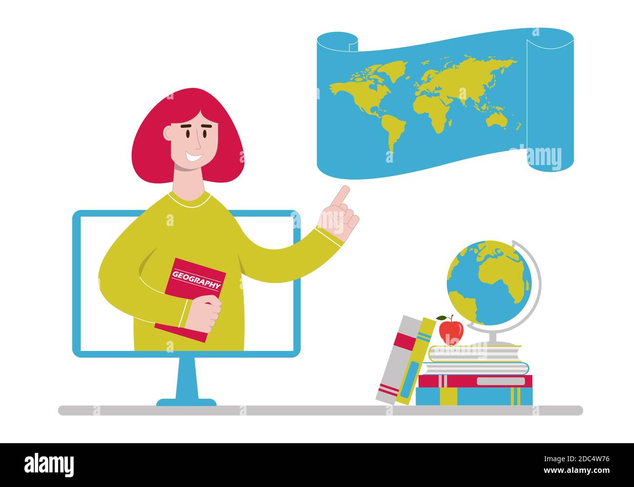 Online geography teacher with world map on computer monitor. Remote ...