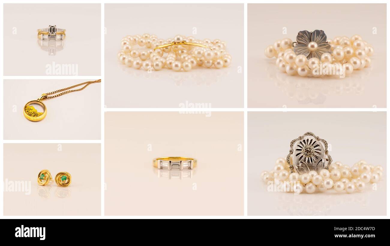 Collage of jewellery featuring diamond rings, gold pendant, emerald ...