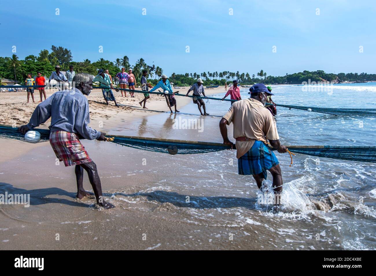 Fishermen hauling in their Seine fishing nets from the ocean onto ...