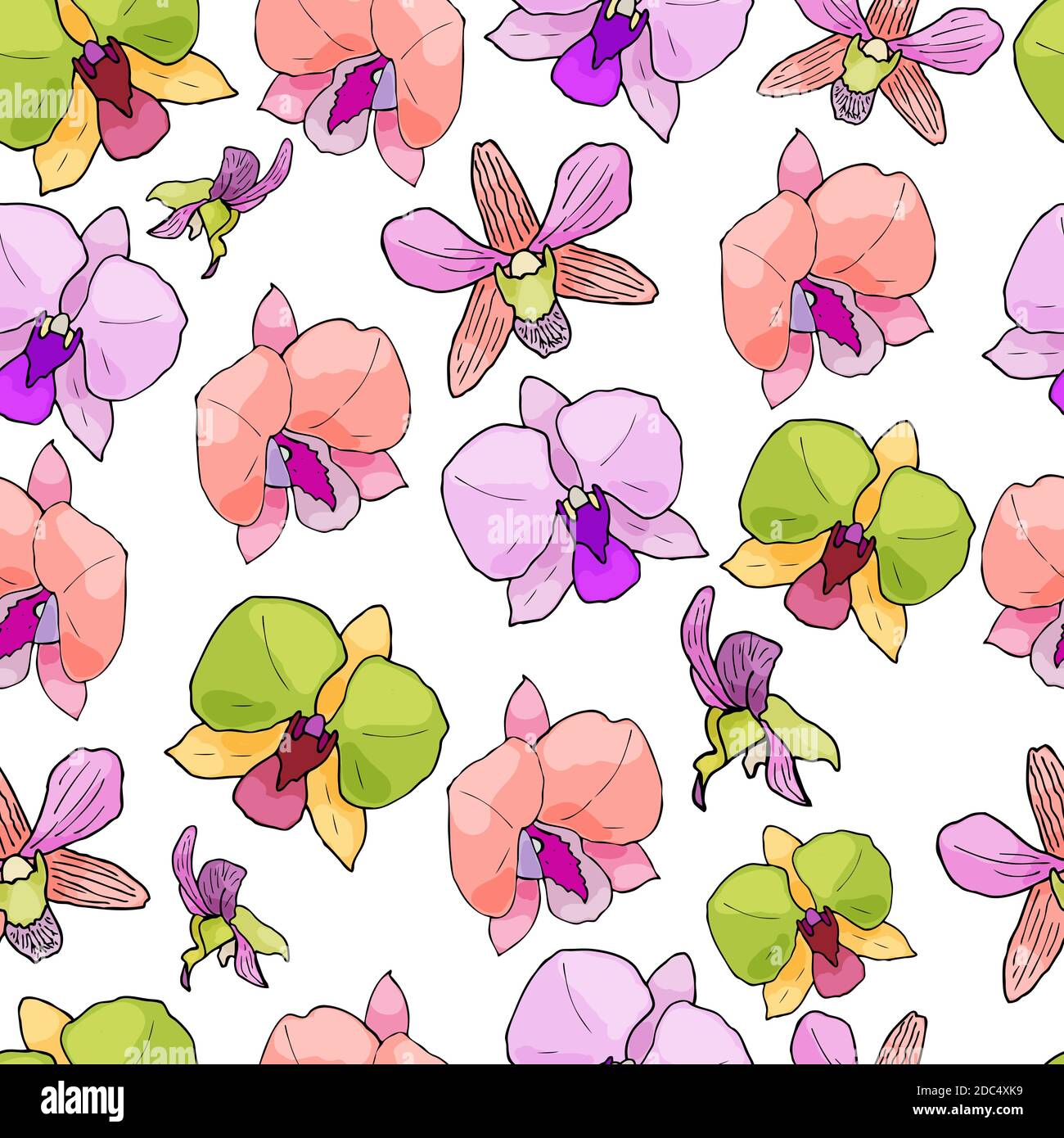 Seamless Pattern With Hand Drawn Orchids And Floral Elements Colored