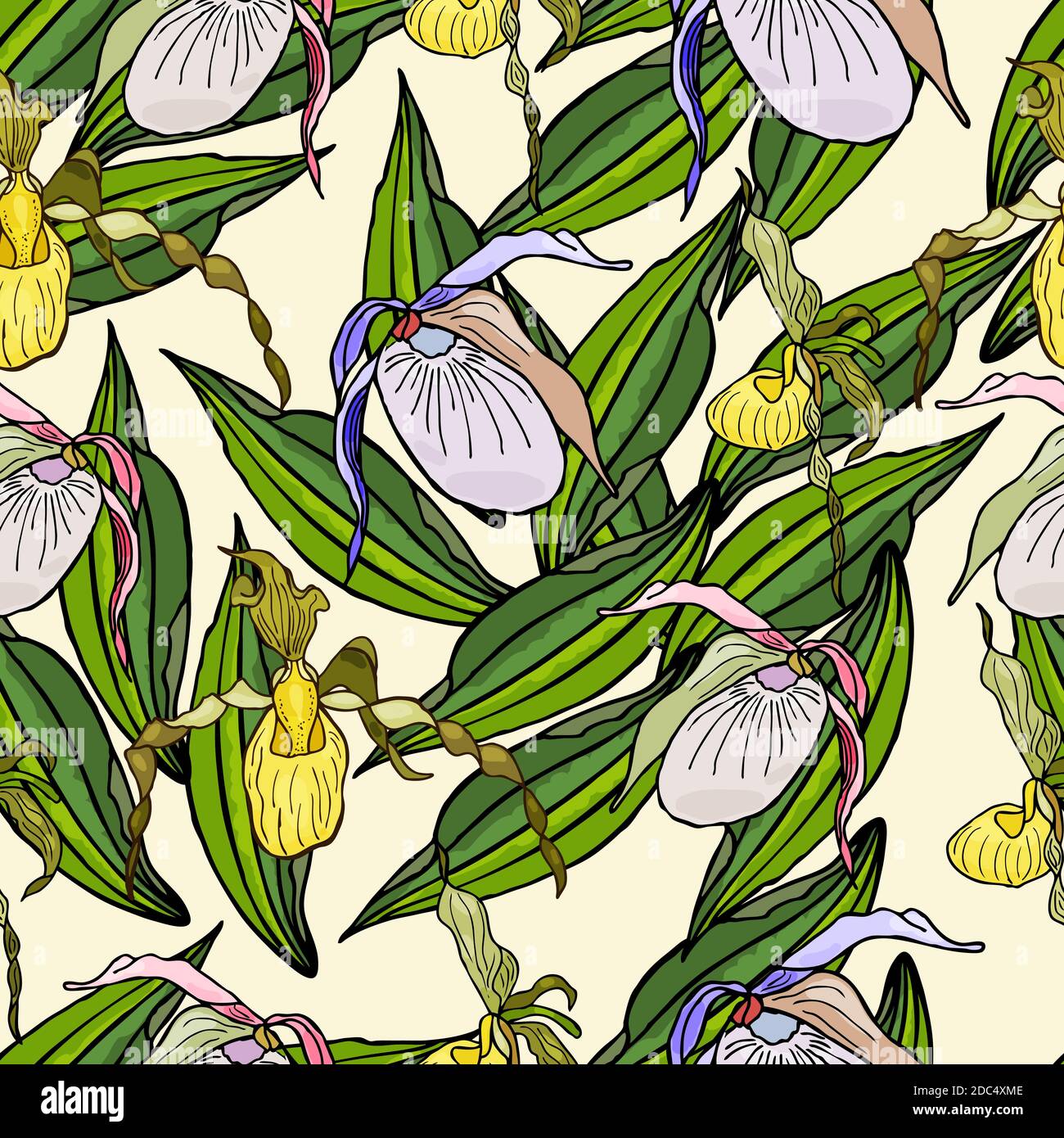 Seamless Pattern With Hand Drawn Orchids And Floral Elements Colored