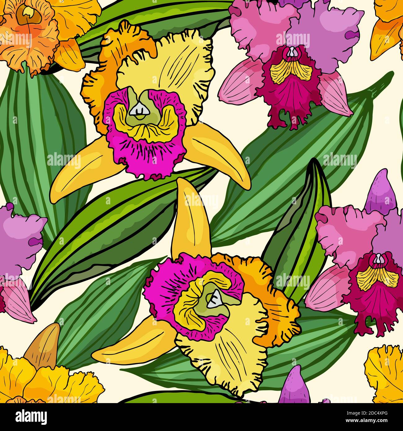 Seamless Pattern With Hand Drawn Orchids And Floral Elements Colored