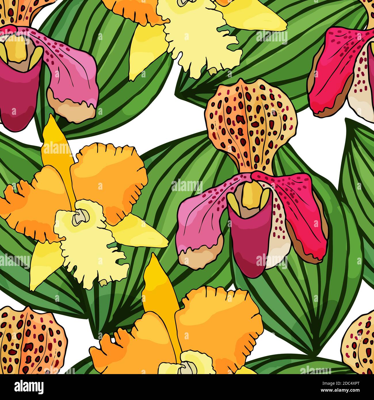 Seamless Pattern With Hand Drawn Orchids And Floral Elements Colored