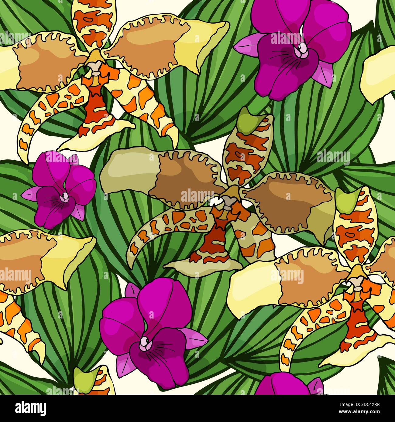 Seamless Pattern With Hand Drawn Orchids And Floral Elements Colored