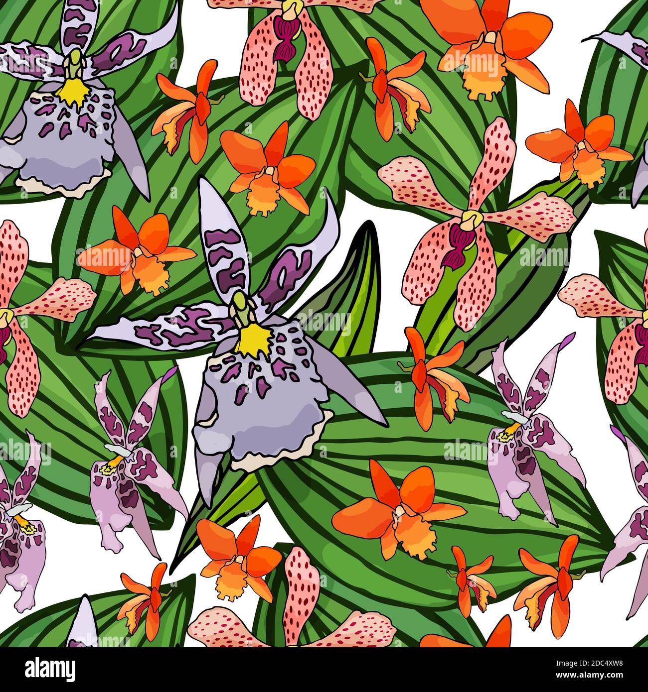 Seamless Pattern With Hand Drawn Orchids And Floral Elements Colored