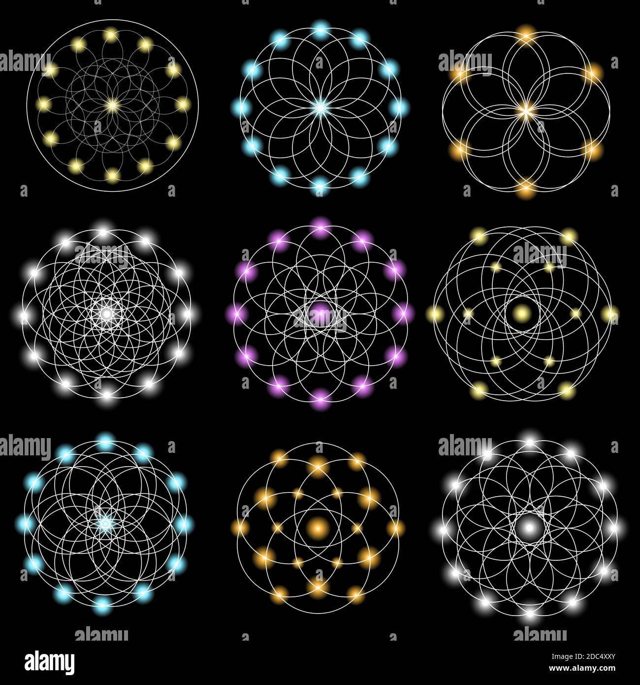 Set of abstract geometric elements and shapes on black background ...