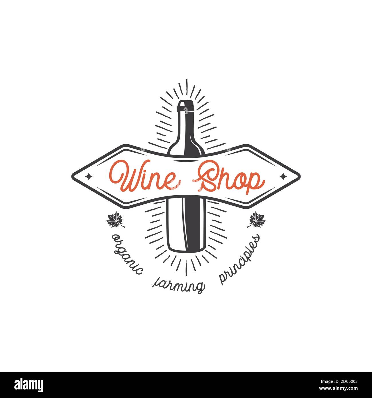 Wine shop logo template concept. Wine bottle, leaf, sunbursts and ...