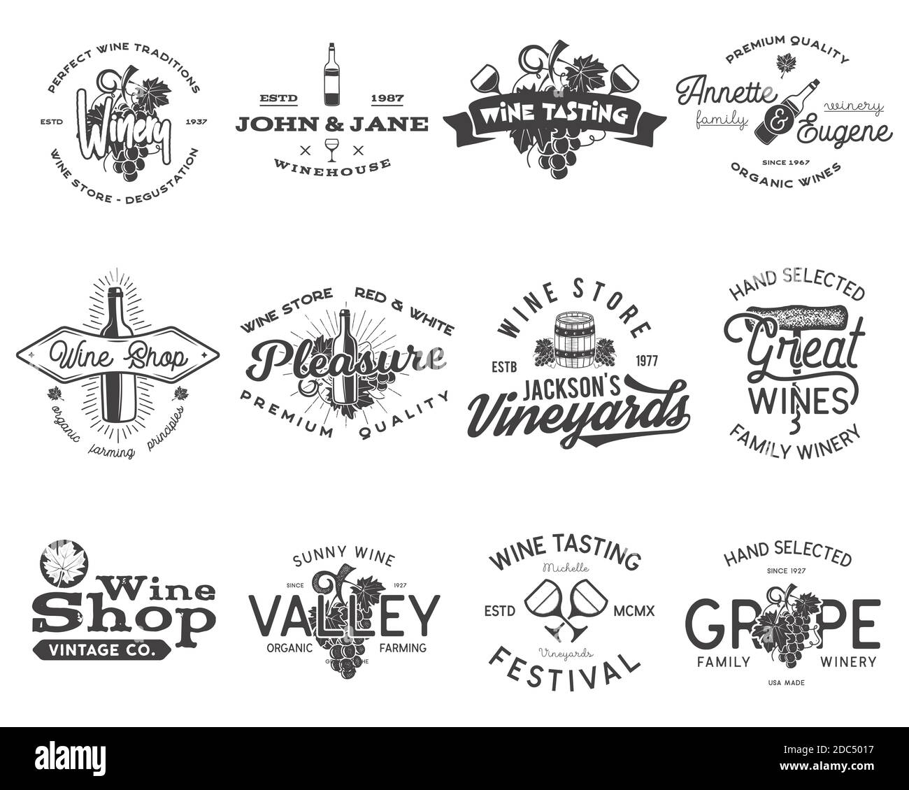 Wine black logos, labels set. Winery, wine shop, vineyards badges ...