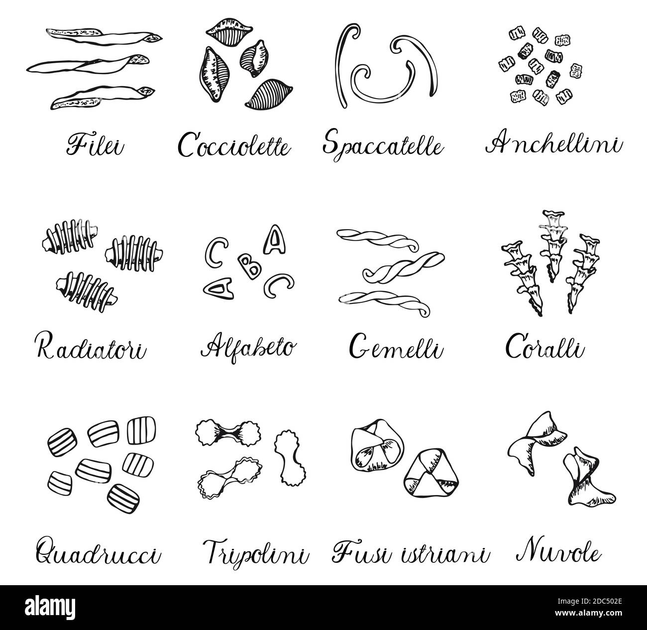 Hand drawn large set of different types of Italian pasta with names ...