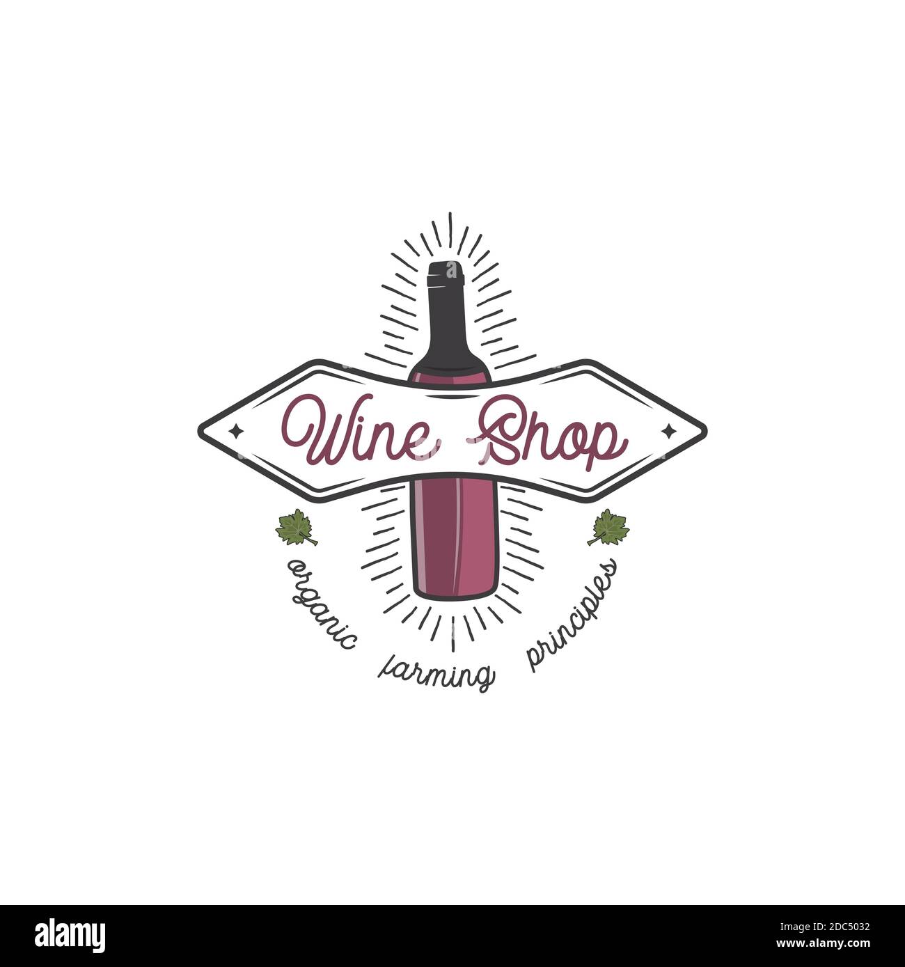 Wine shop logo template concept. Wine bottle, leaf, sunbursts and ...