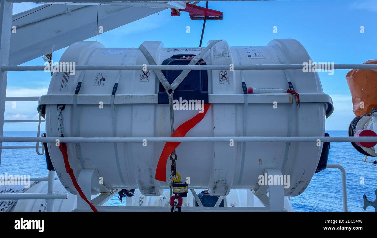 Ft. Lauderdale,FL/USA-11/1/19: A life rafts on a cruise ship in metal ...