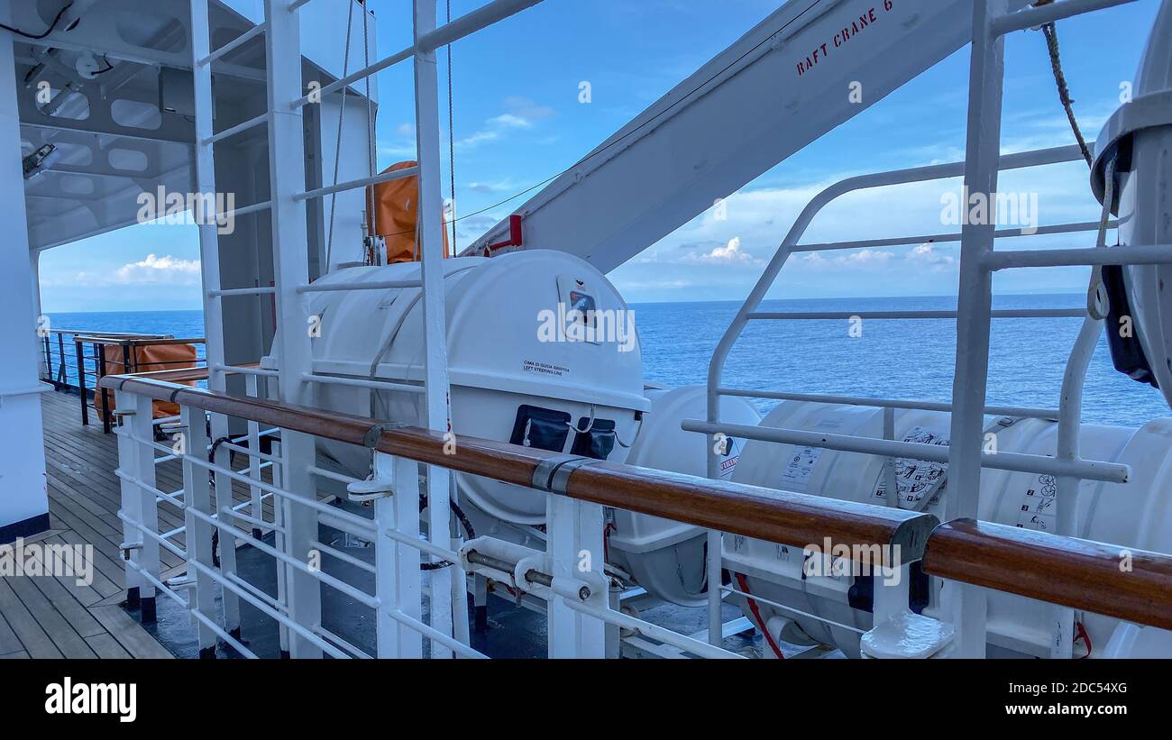 Ft. Lauderdale,FL/USA-11/1/19: A group of life rafts on a cruise ship ...