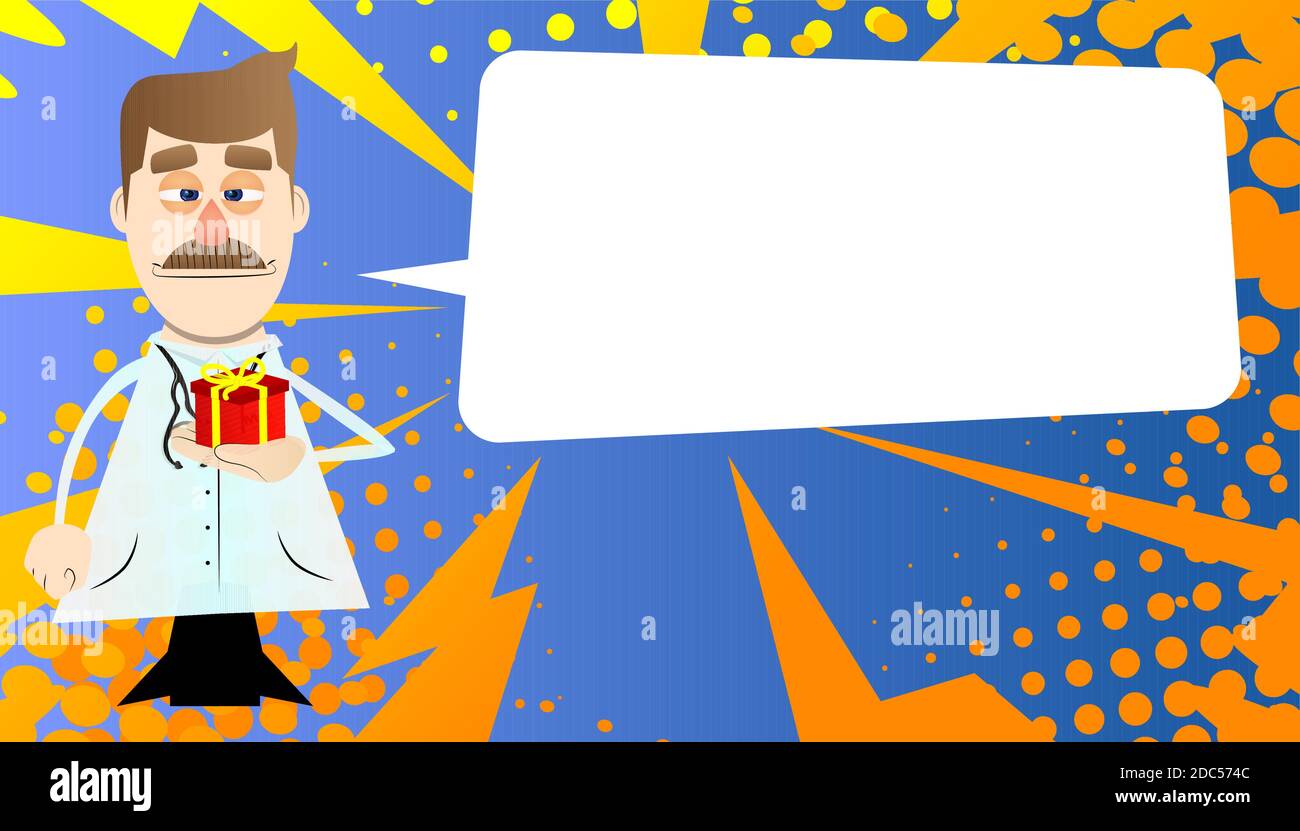 Funny cartoon doctor holding small gift box. Vector illustration Stock ...