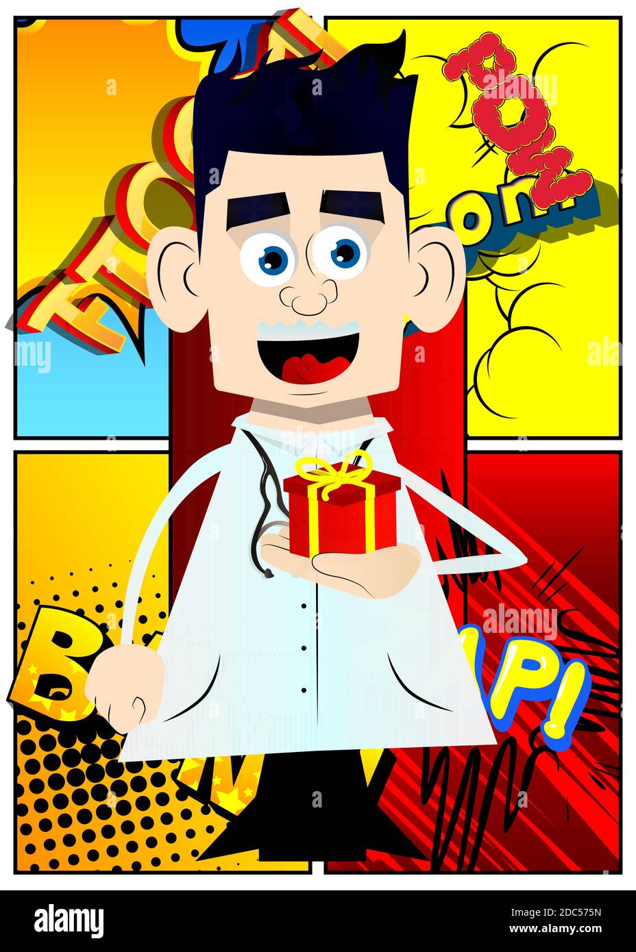Funny cartoon doctor holding small gift box. Vector illustration Stock ...