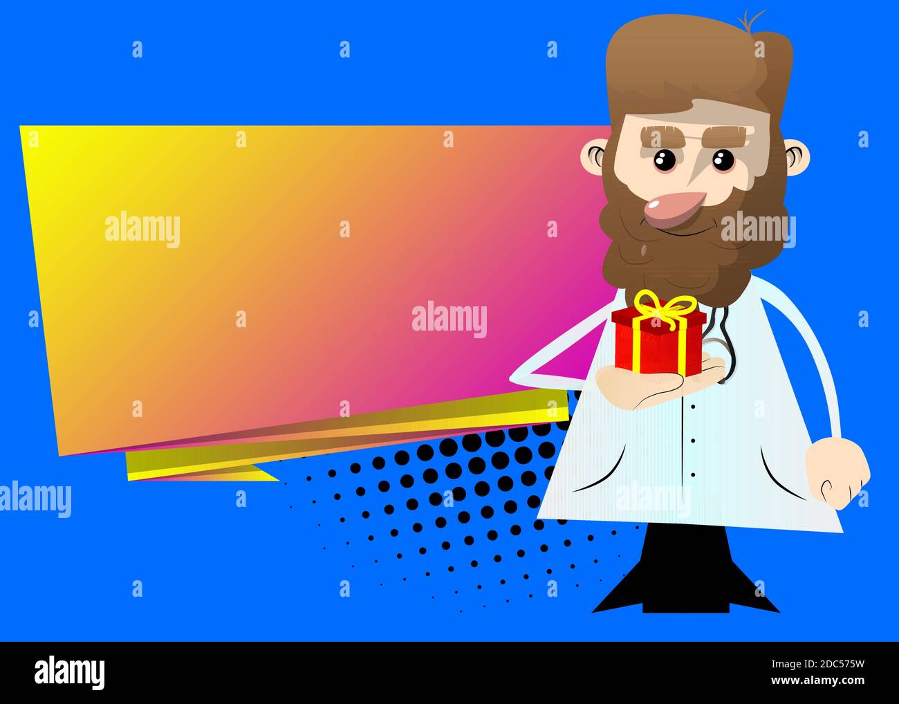 Funny cartoon doctor holding small gift box. Vector illustration Stock ...