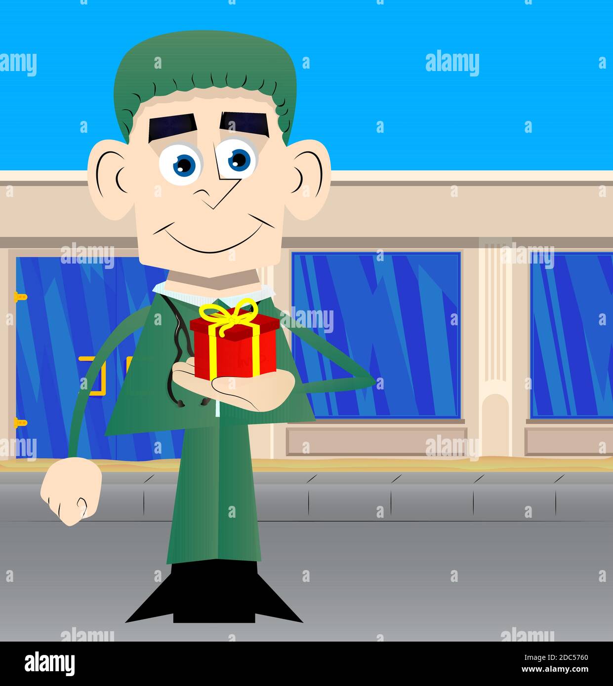 Funny cartoon doctor holding small gift box. Vector illustration Stock ...