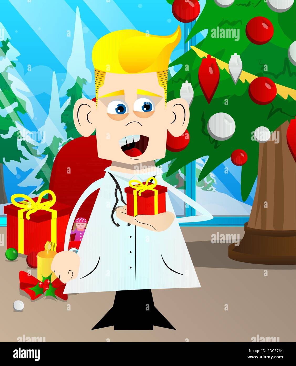 Funny cartoon doctor holding small gift box. Vector illustration Stock ...