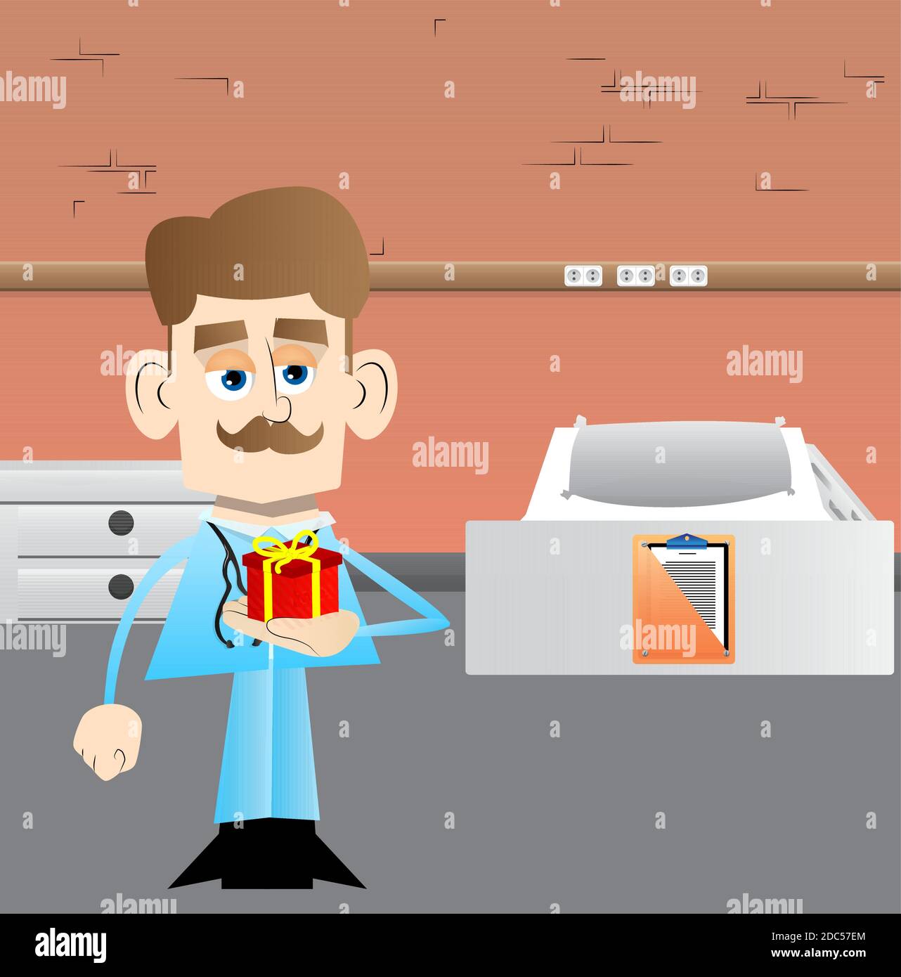 Funny cartoon doctor holding small gift box. Vector illustration Stock ...