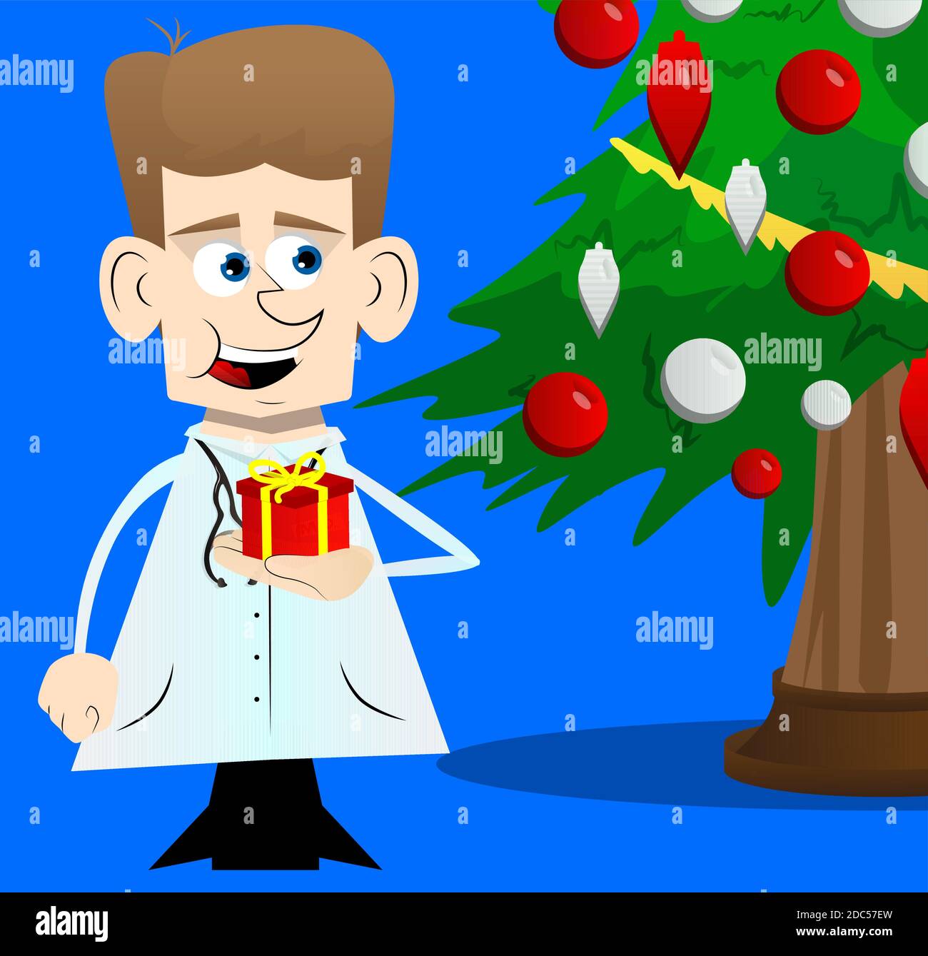 Funny cartoon doctor holding small gift box. Vector illustration Stock ...