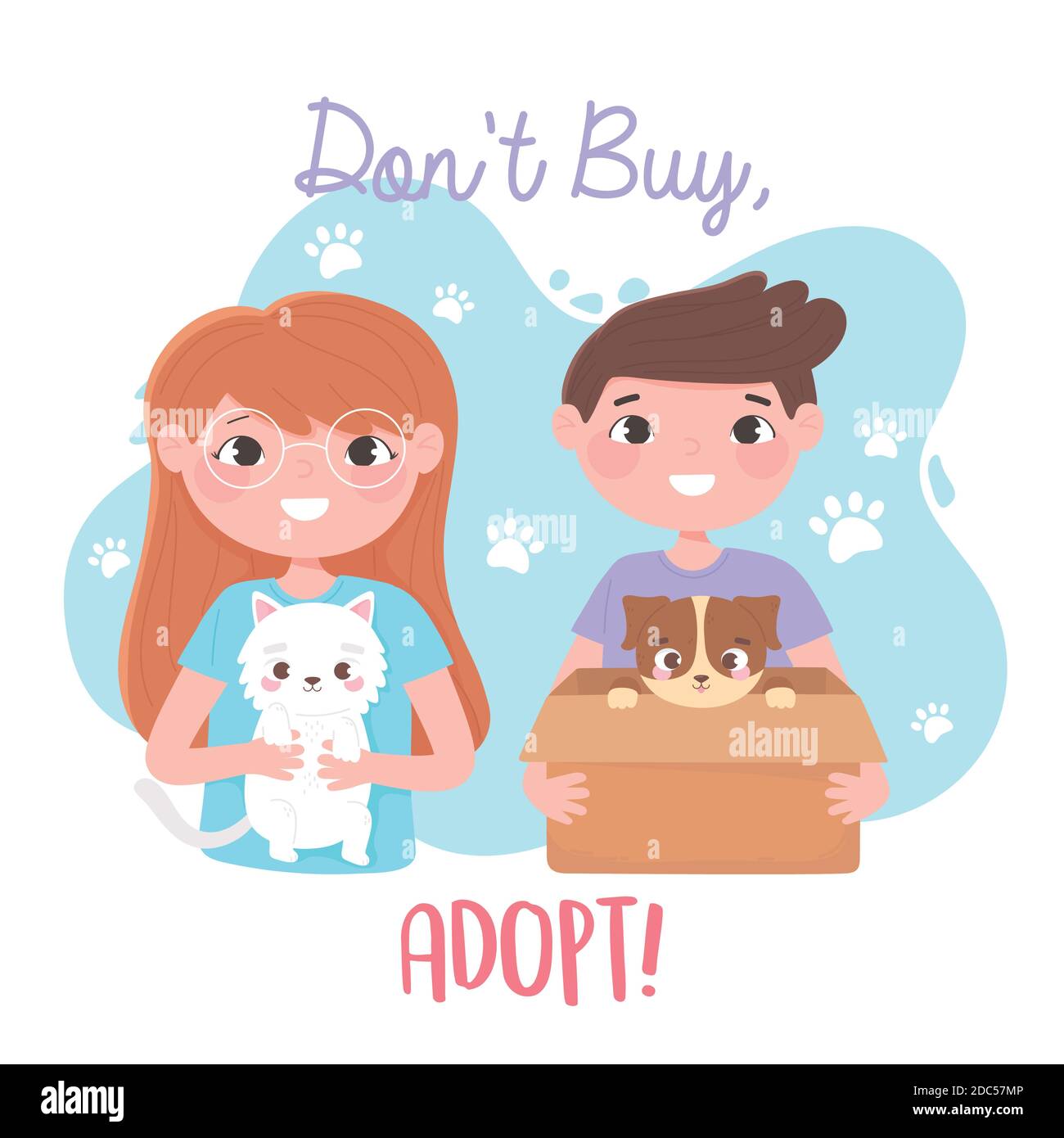 adopt a pet, girl with white cat and boy with dog in box vector ...