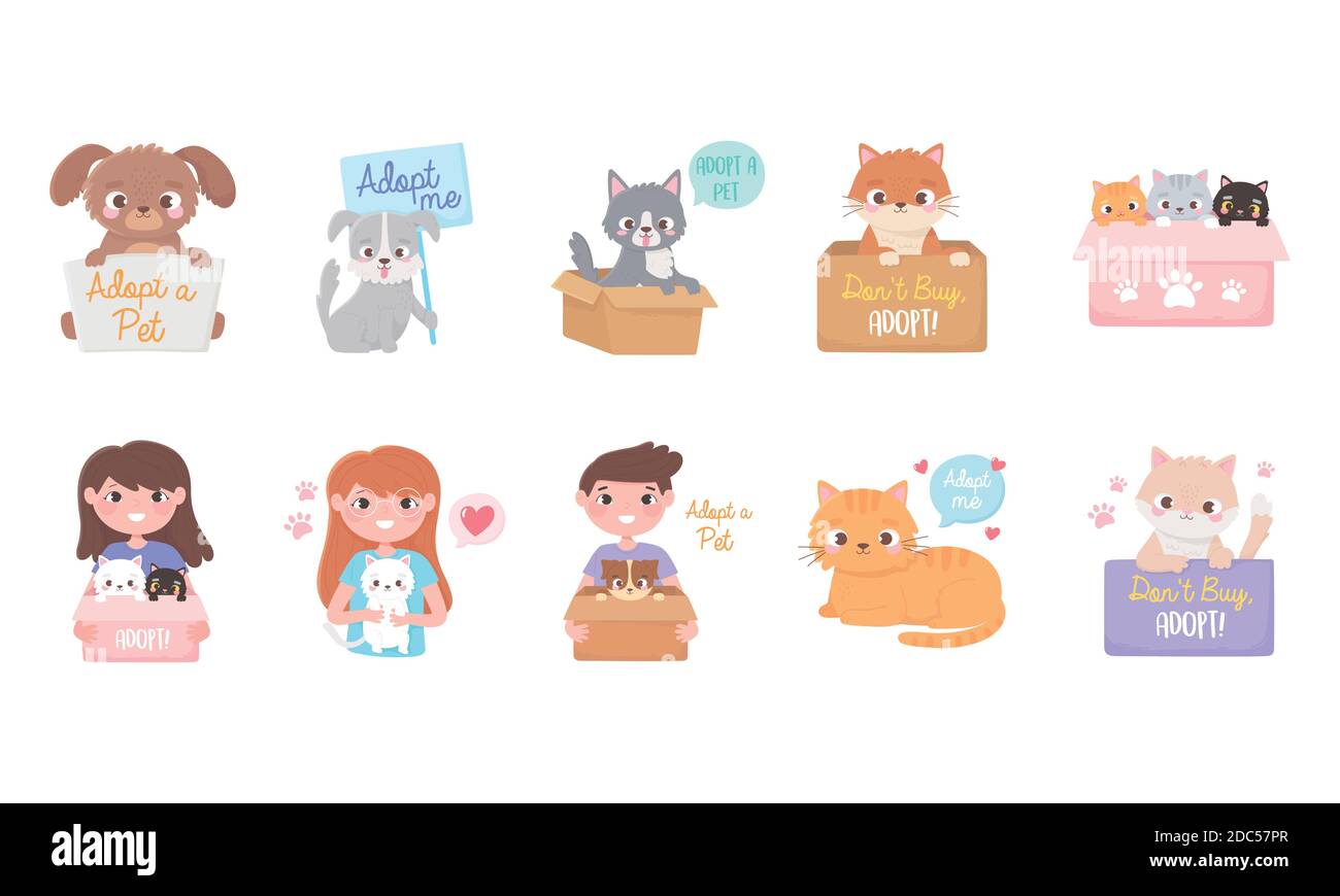 adopt a pet, icons set of people with cats and dogs cartoon vector ...