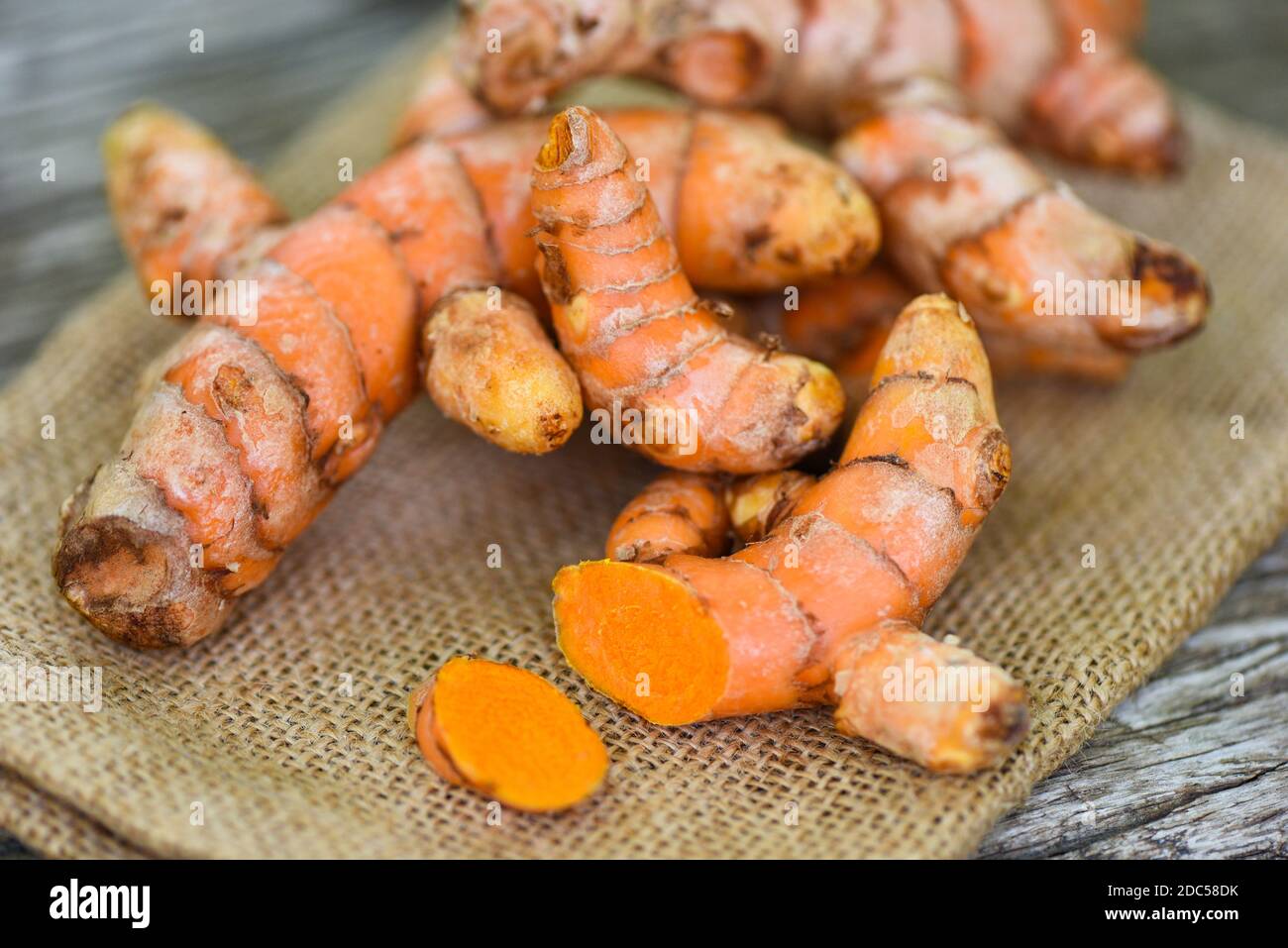 turmeric on the sack, fresh turmeric root for nature medicine herb and ...