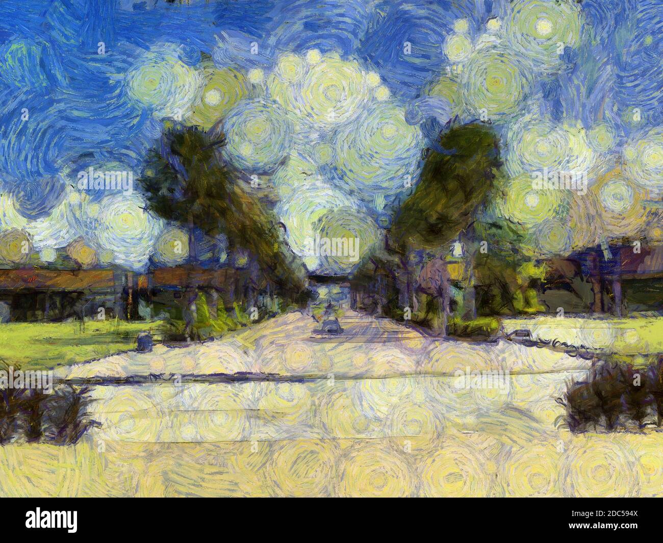 Landscape of park walkway with tall palm trees Illustrations creates an ...