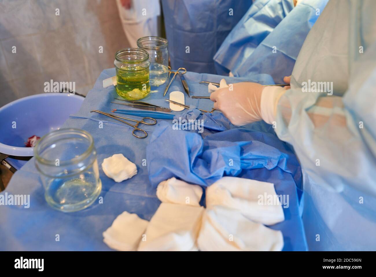 Surgery. View of the nurse's operating room table, tools and medicines ...