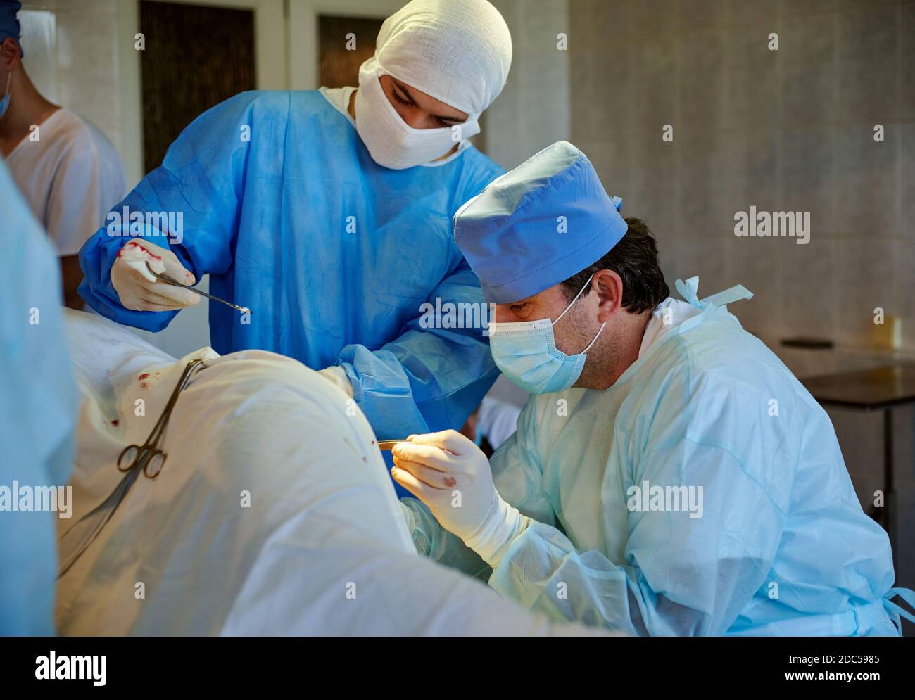 Surgery. The surgeon, with help of his assistant, performs the ...